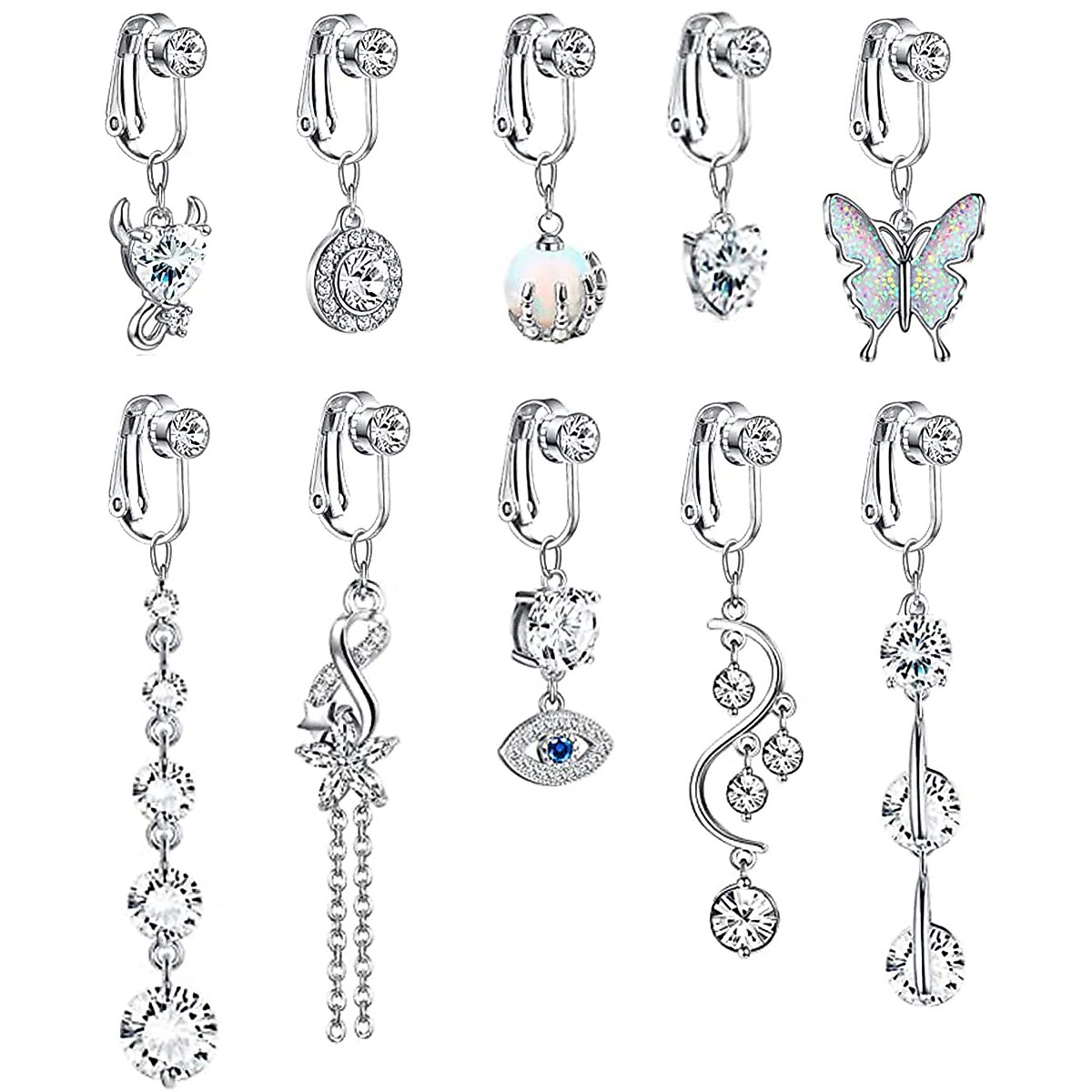 NICEIGHT 10PCS Faux Belly Button Rings for Women Dangle Belly Rings Clip On Belly Rings Butterfly Evil Eye Fake Navel Rings Non Piercing Jewelry S10
