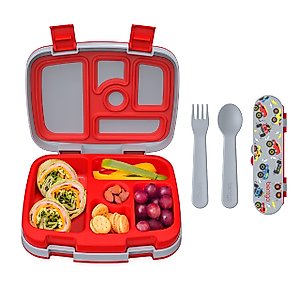 Bentgo® Kids Prints 5-Compartment Bento-Style Kids Lunch Box Set with Reusable Plastic Utensils (Trucks)