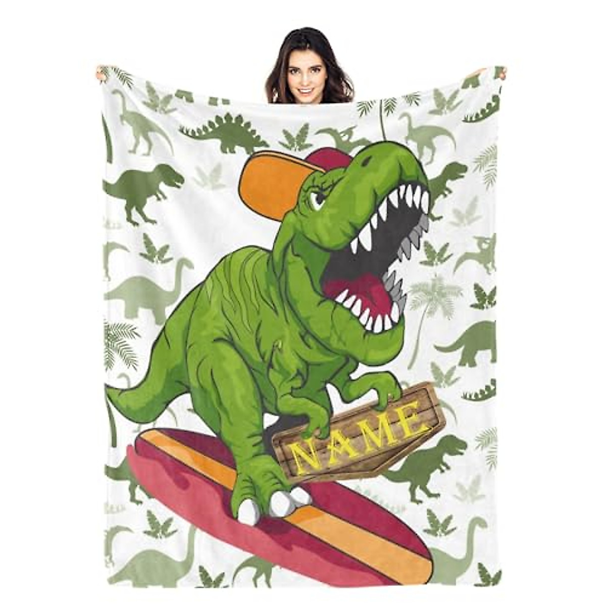 HSSQMH Personalized Dinosaur Blanket for Kids, Custom Dino Throw Blanket with Name for Boys and Girls, Toddler Bed, Room & Bedroom Decor, Unique Blankets for Children