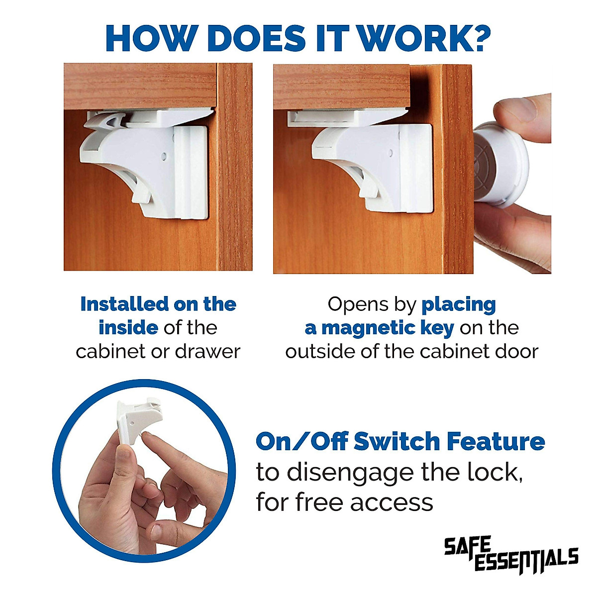Safe Essentials-8 Pack-Magnetic Cabinet Locks Baby Safety, Invisible, No-Tools Required Assembly, Comes with Extra 3M Adhesive Strips