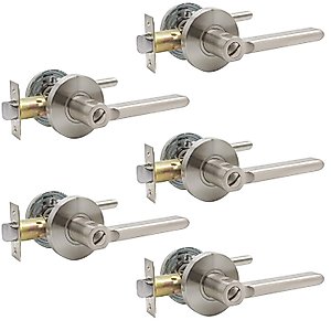 Probrico Satin Nickel Privacy Door Levers, Flat Interior Bath/Bed Door Handles, Reversible for Right & Left Handed Bedroom/Bathroom Doors, 5 Pack