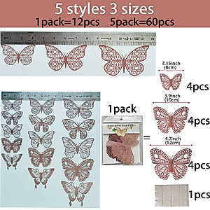Ewong 60Pcs 3D Butterfly Wall Decal Birthday Cake Party Decoration 5 Style Mural Sticker Art Craft Kid Nursery Classroom Wedding Baby Shower Decorative Girl Bedroom Home Room Office Decor (Rose Gold)