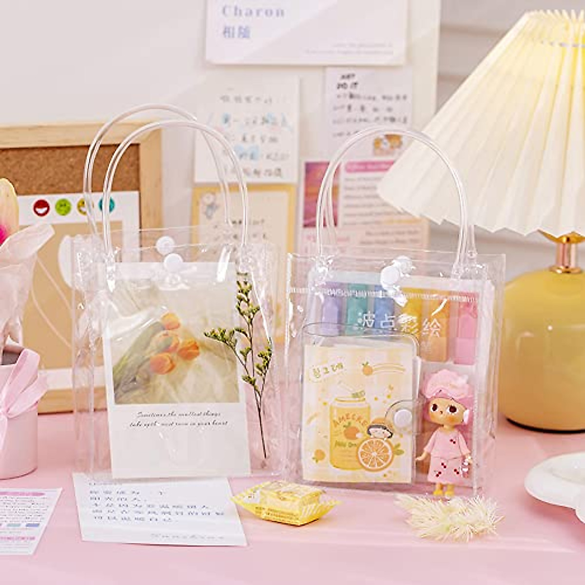 DYaprigo 16 Pieces Small Clear PVC Gift Bag with Handles, Reusable Plastic Gift Wrap Tote Bag, Retail Merchandise Favors Bags for Gifts Wrapping, Shopping Boutique Wedding Birthday Baby Shower Party Favor (7.87" x 7.87" x 3.15")