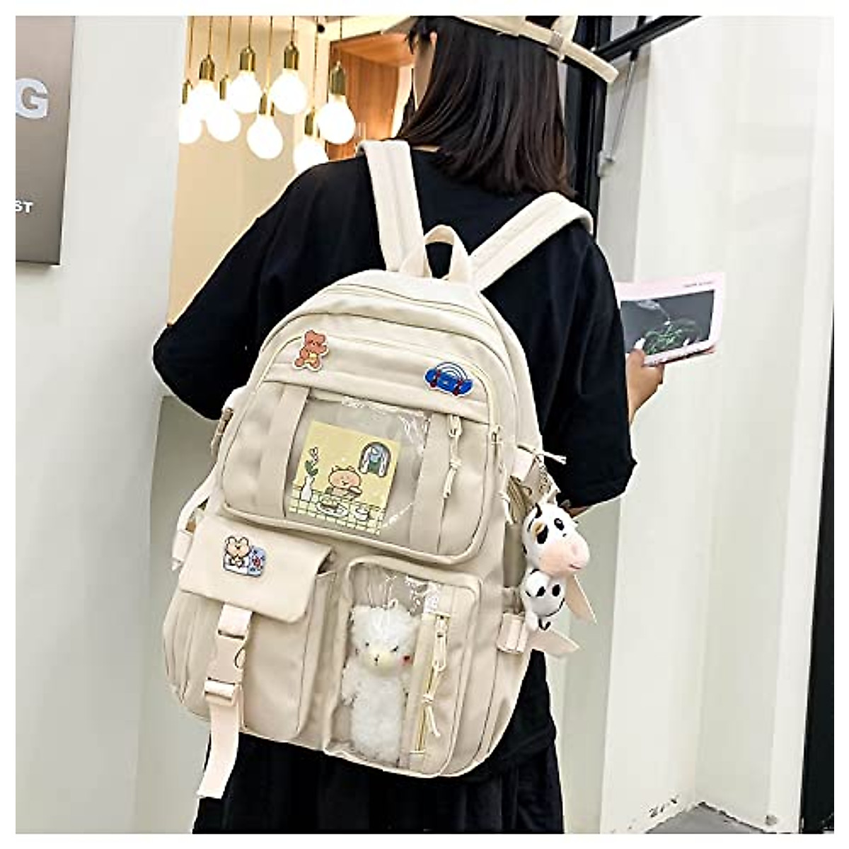 ncduansan Kawaii Backpack with Kawaii Pin and Accessories Backpack Cute Aesthetic Backpack Cute Kawaii Backpack for School(white)