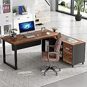 Tribesigns L Shaped Desk with 2 Drawers, 55 Inch Executive Office Desk with Cabinet Storage Shelves, Business Furniture L Shaped Computer Desk for Home Office