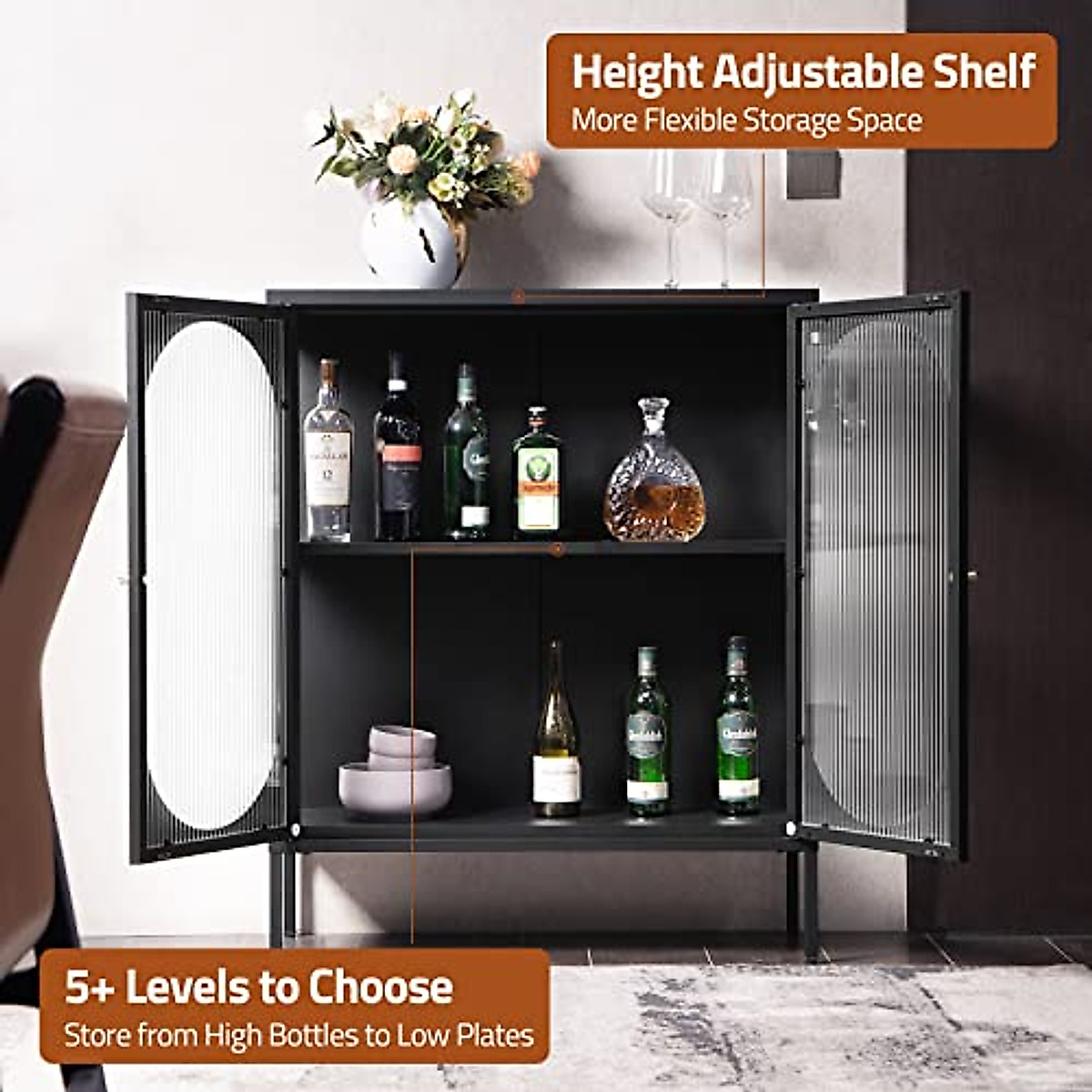 SICOTAS Sideboard Cabinet Buffet, Modern Accent Buffet Storage Cabinet with Glass Doors, Free Standing Cabinet for Living Room, Cupboard Console Table for Kitchen Dining Room, Black