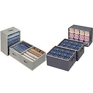 Baesyhom 12-Slot Jeans Organizer and 6-Slot Pants Organizer for Clothes, Jeans, Sweater, T-shirt, Dress Stackable for Wardrobe Closet Drawer Organizer Storage Bin Container, Dark Grey & Grey