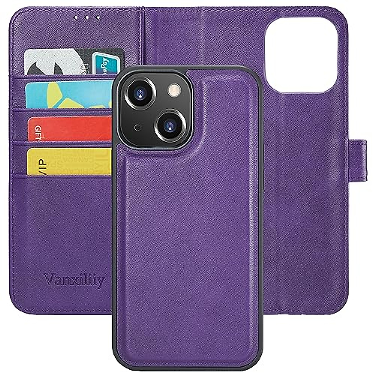 Vanxiliiy iPhone 13 Case Wallet - Strong Magnetic Detachable, RFID Blocking Card Holder, Slim PU Leather Flip 6.1" - Purple