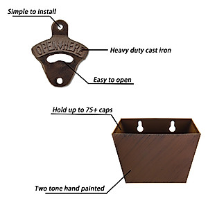 Luwanburg Retro Cast Iron Beer Bottle Opener Wall Mounted with Cap Catcher Collector Brown Great Choice for New Year Men Gift