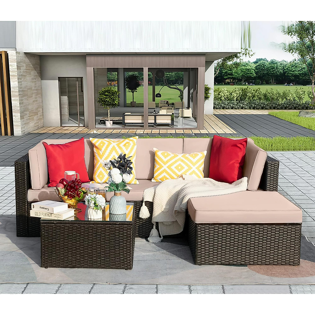Flamaker Patio Furniture 5 Piece Outdoor Wicker Sectional Sofa with Thick Cushions & Tempered Glass Table Patio Couch Set for Deck, Porch, Terrace (Beige)