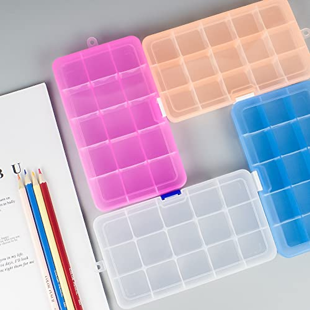 Qualsen 8 Pack Bead Organizer Plastic Compartment Box with Adjustable Dividers Craft Tackle Organizer Storage Containers Box 15 Grid (4 Colors)