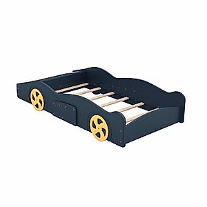 Brisca Twin Size Race Car-Shaped Platform Bed with Wheels,Solid Wood Bed Frame W/Storage,No Box Spring Required,for Bedroom,Apartment,Guest Room,Dark Blue+Yellow