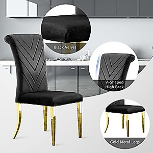 AZhome 5 Pieces Dining Table Set, Black and Gold Kitchen and Dining Room Sets for 4, Gold Metal X-Shaped Base Dining Table, Black Velvet Upholstered Dining Chairs with Gold Stainless Steel Legs