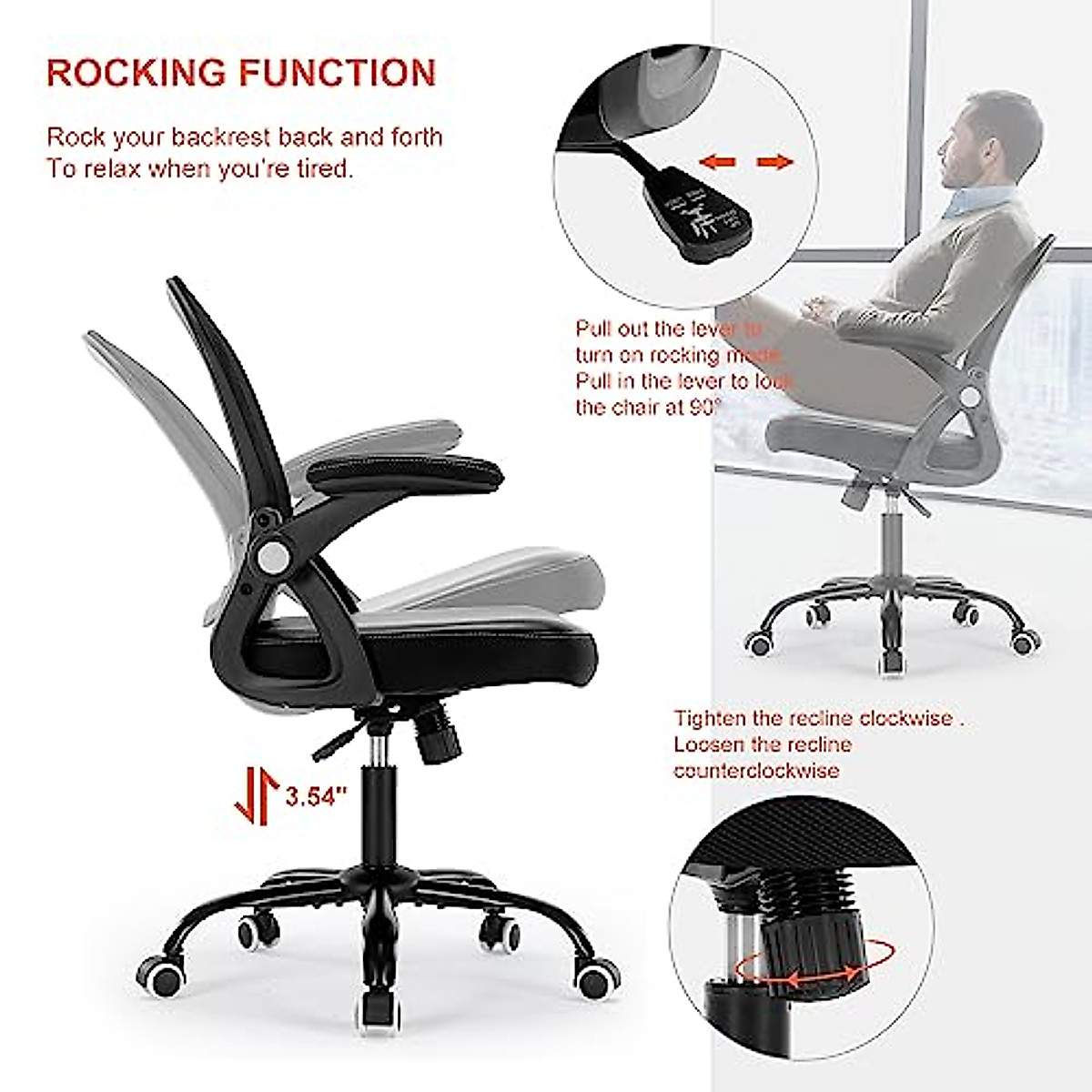 Office Chair,Ergonomic Home Desk Chairs,PU Leather Thick Cushion Mesh Office Chairs,Adjustable Executive Task Chair with Flip-up PU Armrests,360° Swivel Computer Chairs,Black