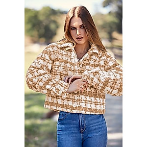 PRETTYGARDEN Women's Fall Plaid Shacket Jacket Faux Fur Lapel Open Front Cropped Winter Coats Outerwear (Light Khaki,Small)