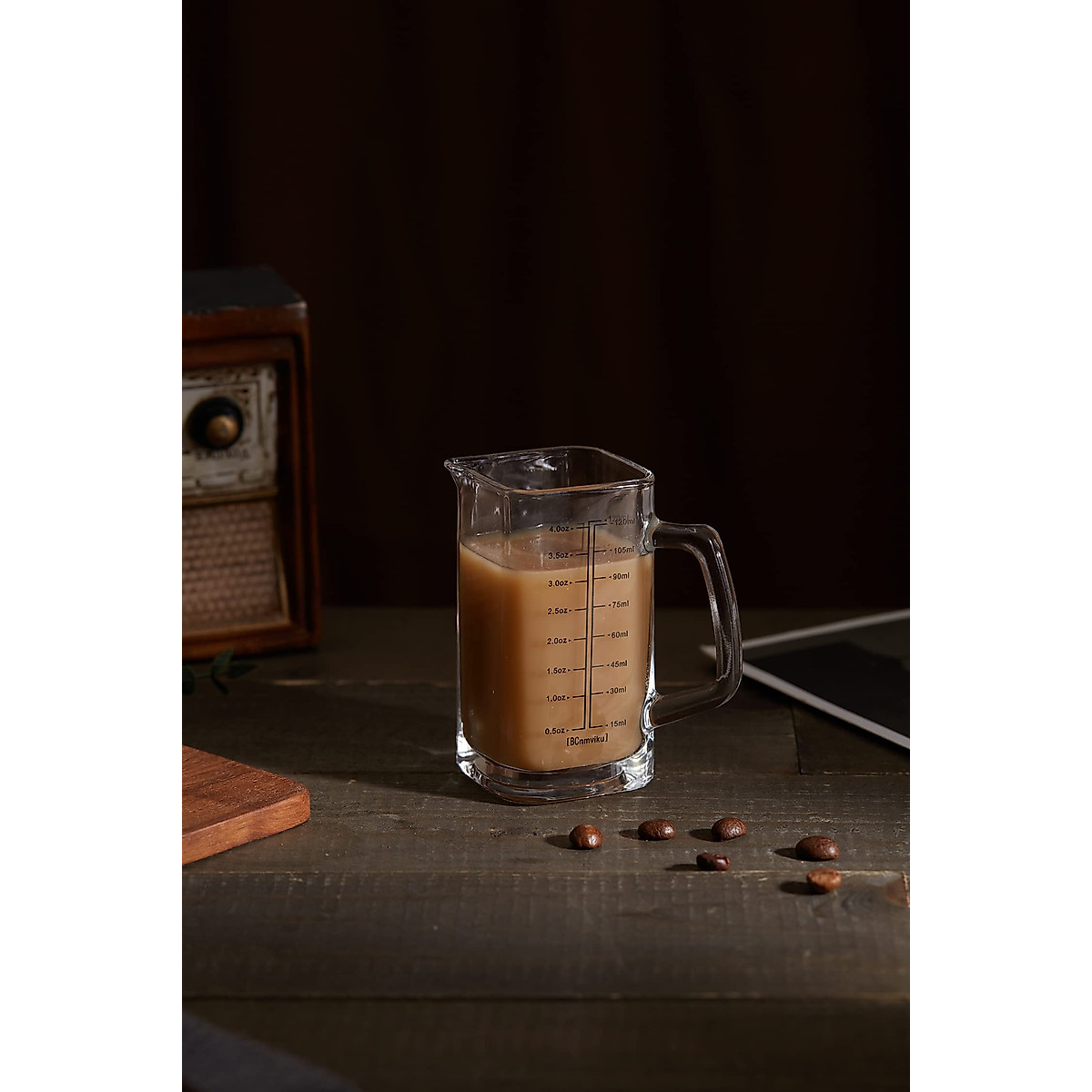 BCnmviku Square Measuring Cup Shot Glasses With Glass handle 4 Ounce/120ML V-Shaped Spout Espresso Glass Cup Liquid Heavy High Wine Separator Glasses (Black Line)