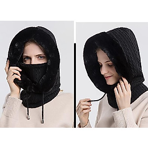 Women One Piece Slouchy Fleece Beanie Hats Scarf Mask Drawstring Warm Hooded Winter Balaclava Pullover Knitted Hat Black