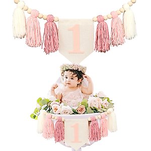 Handmade Boho 1st Birthday High Chair Banner Party Decoration for Girl Baby Shower Pink Wall Hangings Decorative for Kids Bedroom