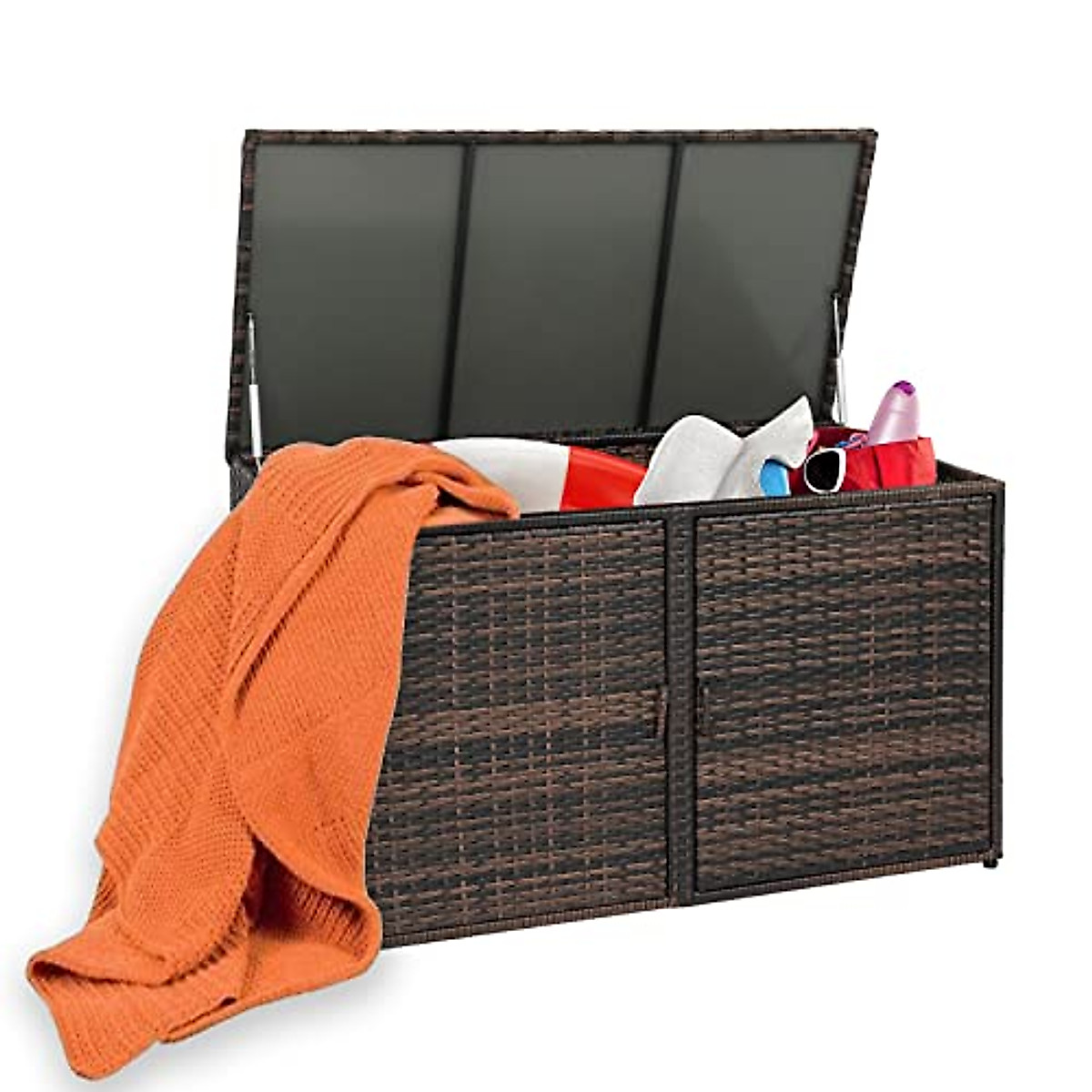 Outvita Outdoor Storage Box, 88GAL Waterprrof Rattan Patio Deck Storage Container with Double Doors and Flip Cover for Backyard, Balcony, Poolside, Garden Brown