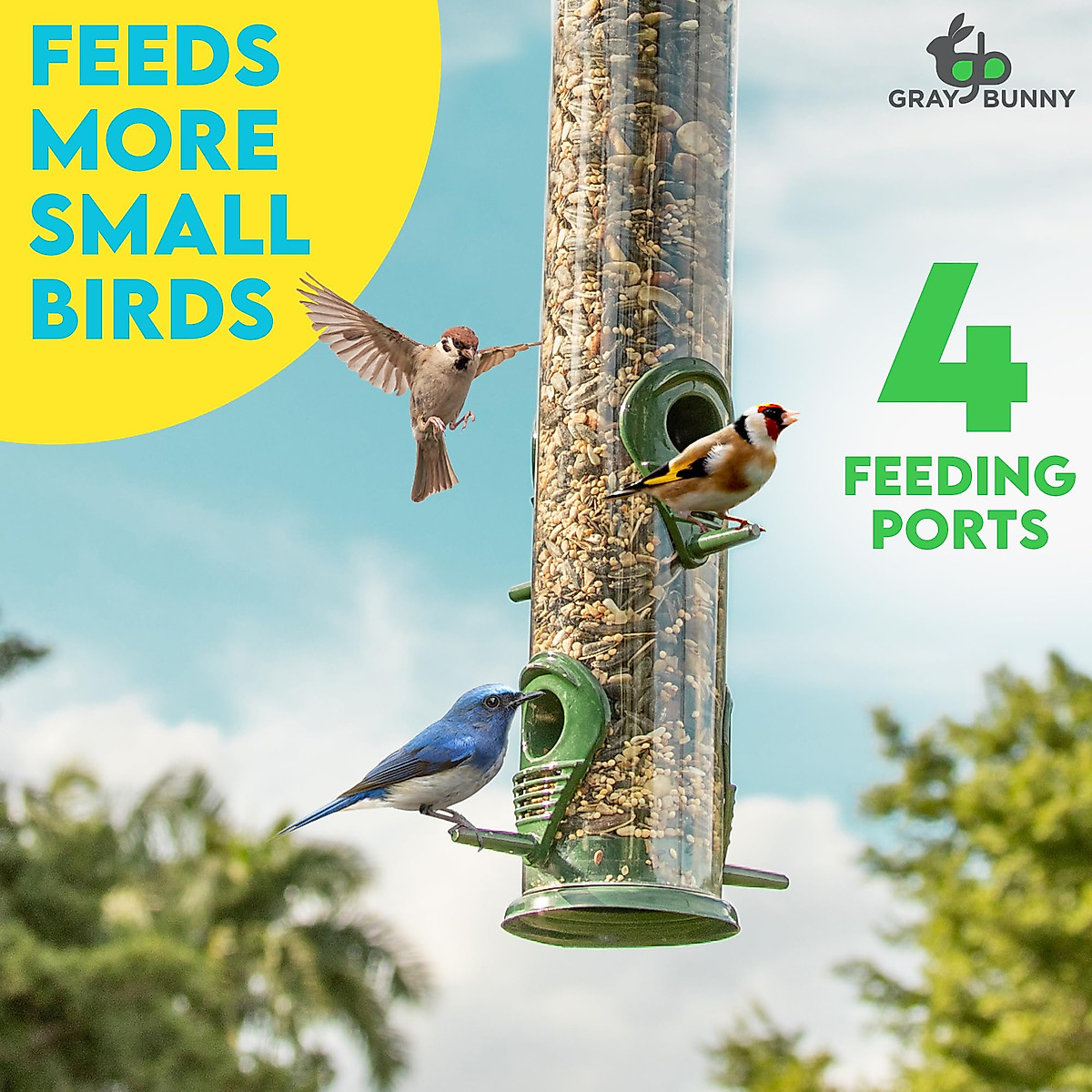 Gray Bunny Metal Bird Feeder, 4-Port Wild Bird Feeders for Outdoors Hanging, Heavy Duty Chew-Proof and Rust-Proof Tube Feeder, 15 Inches