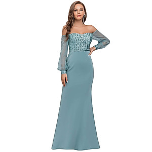 Ever-Pretty Women's See-Through Sequin Dress Mermaid Evening Dress with Sleeve Blue US20
