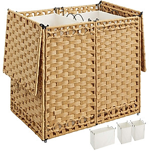 Greenstell Laundry Hamper with Lid and 2 & 1 Removable Liner Bags, No Install Needed, 130L Collapsible Laundry Basket, Wicker Clothes Hamper with Handles, Hamper for Bedroom, Bathroom, Goose Yellow