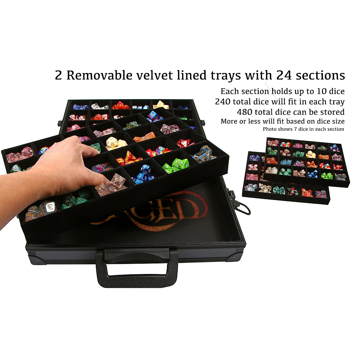 Forged Dice Co. Dice Display Case and Rolling Tray with 2 Removable Divided Dice Trays - Storage Box Holds up to 480 Metal or Plastic Polyhedral Dice Sets - Great for Dice Collectors or RPG D&D Games