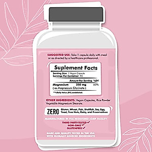 Magnesium Glycinate for Women, Elemental 250mg Per One Capsule, 90 Capsule, 90 Day Supply, Magnesium Glycinate Chelate, Magnesium Glycinate Capsule, Magnesium Supplement, Chelated for Max Absorption