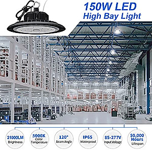 LED High Bay Light 150W 21000 LM with US Plug 5ft Cable, 5000K Daylight, IP65 Waterproof, Non-Dim, UFO Commercial Warehouse Workshop Factory Barn Garage Lowbay Area Lighting Fixture