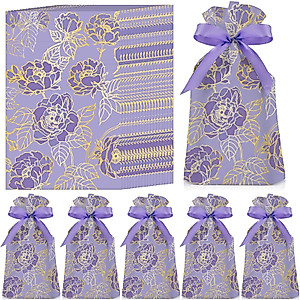 Pasimy 50 Pcs Purple Rose Gift Bags Purple Drawstring Bags Flower Candy Bags Gold Purple Plastic Treat Bags Purple Flower Favor Bags for Women Girl Birthday Party Supplies