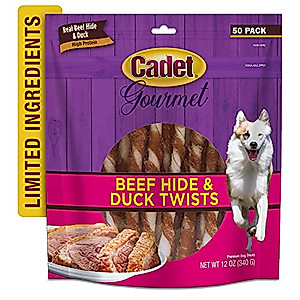 Cadet Gourmet Beef Hide Twist Chew Sticks, Long Lasting & Natural Chew Treats for Dogs, Inspected & Tested in USA, Duck Flavor (50 Count)