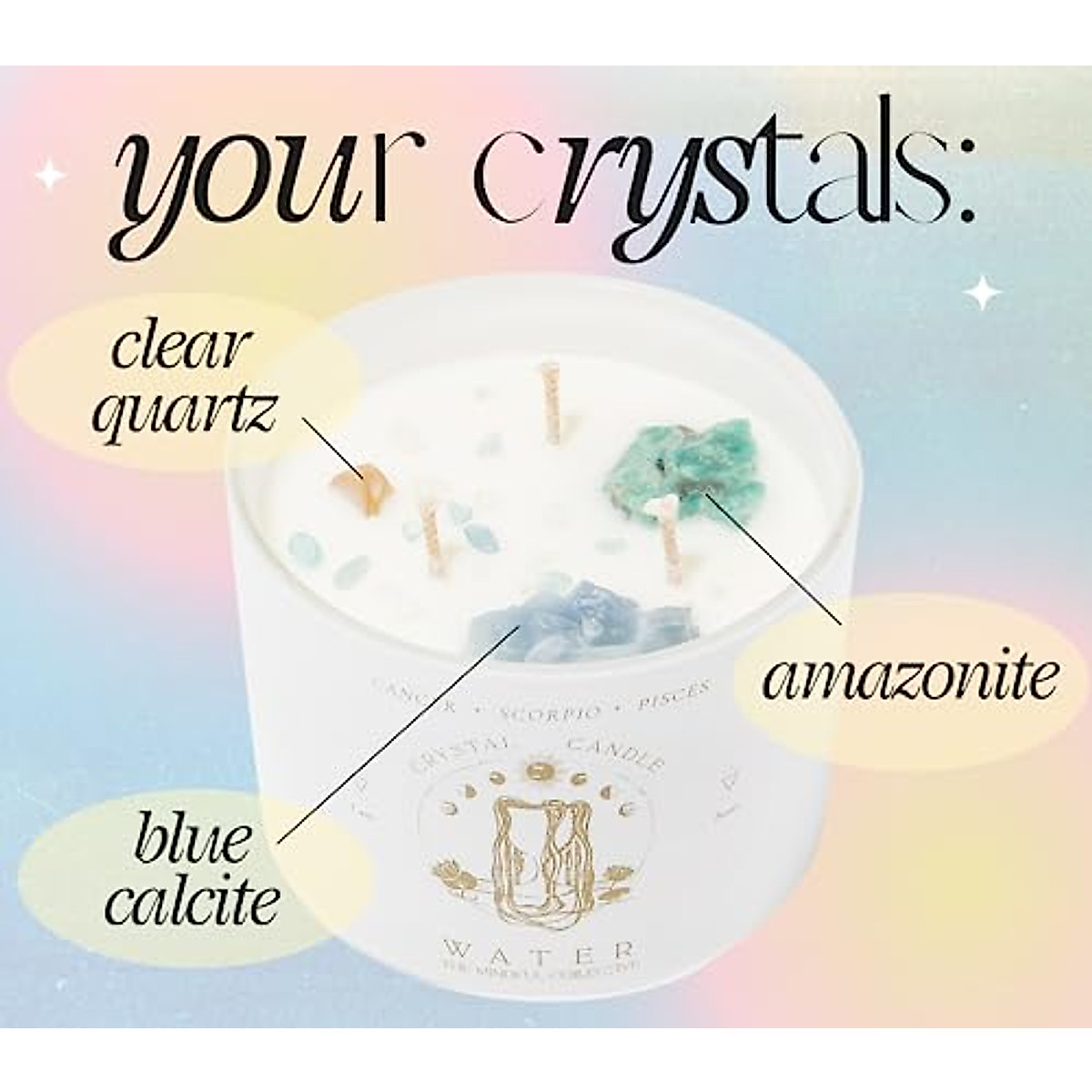 Healing Crystal Candle, 12oz - 3 Wick Pisces, Cancer, Scorpio Zodiac Candles with Crystals Inside. Zodiac Gifts for Women, Real Crystals and Healing Stones Manifestation Candle, Meditation Candle