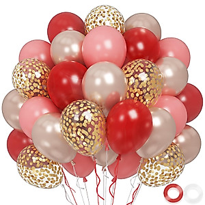 Burgundy Pink Balloons, 60 pcs 12 Inch Burgundy Dusty Pink Balloons with Metallic Gold Balloons Confetti Balloons, Pearl Wine Red Latex Balloons for Birthday Baby Shower Wedding Bridal Decorations