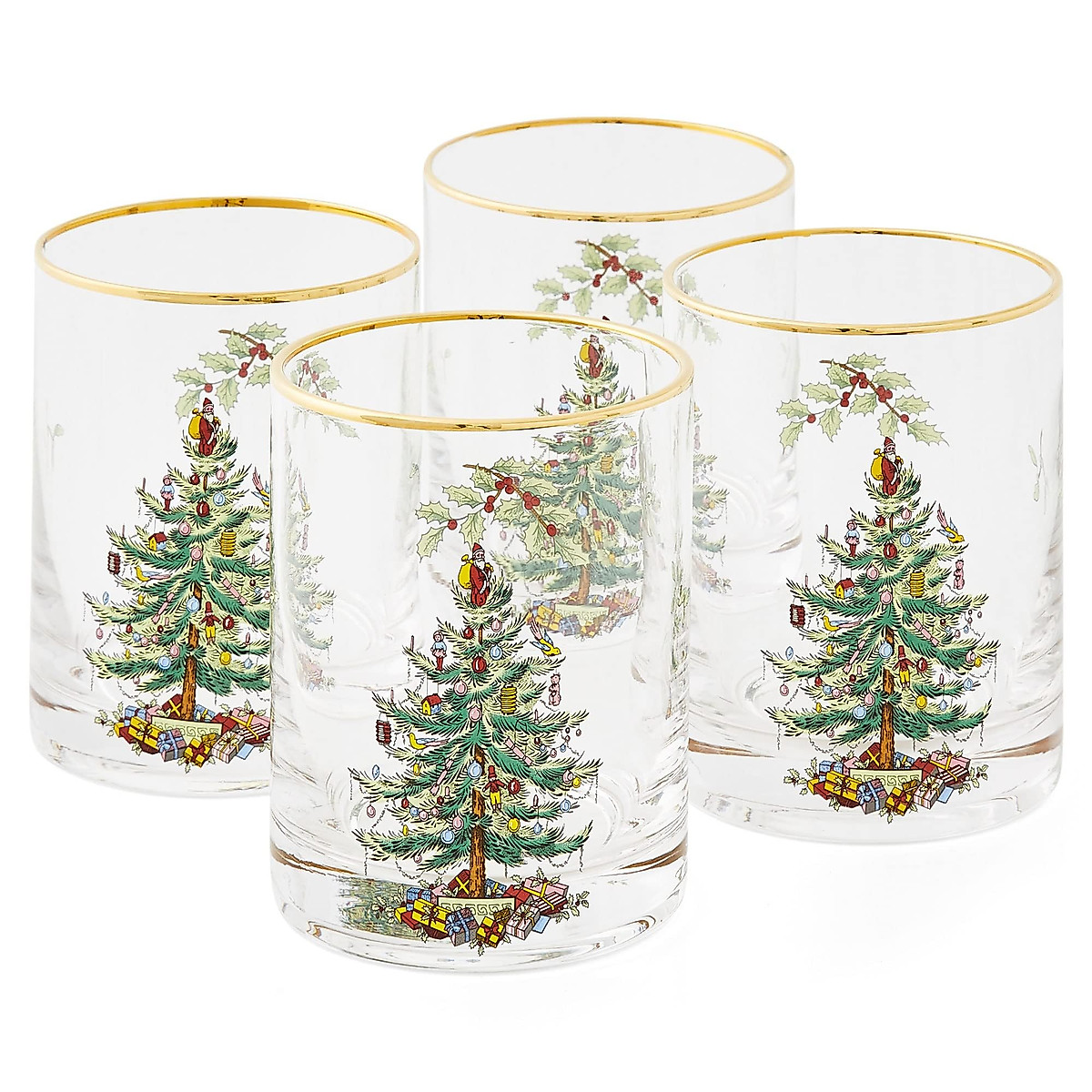 Spode Christmas Tree 14oz Double Old Fashioned Glasses, Set of 4 - Festive Holiday Drinkware with Rustic Christmas Design, Excellent for Whiskey at Holiday Gatherings and Cozy Celebrations