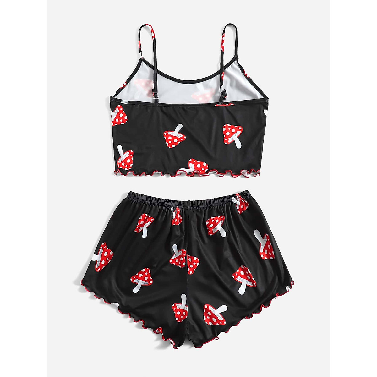 COZYEASE Women's 2 Piece Pajama Set Cartoon Print Lettuce Trim Cami Top and Shorts Cute Sleepwear Black M