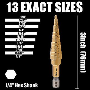 Vearter HSS Straight Groove Step Drill Bits, 1/8" - 1/2" Unibit 13 Steps M2 Material Titanium Coated Hex Shank for Drilling Holes in Stainless Steel Aluminium Sheet Metal Wood Plastic PVC