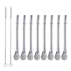 3in1 Metal Straw Spoons for Drinks, Baikai 18/8 Stainless Steel Reusable Tea Filter Stirring Drinking Straws,Set of 10, 6.2 inch (8 Straws+ 2 brushes) (Silver)