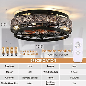 SHIHOT Low Profile Caged Ceiling Fans with Lights and Remote, Flush Mount Ceiling Fan with Light, Bedroom Fan, Small Industrial Black Ceiling Light Fixture, Reversible(Bulbs not Included)