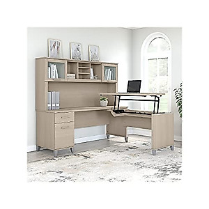 Bush Furniture Somerset 72W 3 Position Sit to Stand L Shaped Desk with Hutch in Sand Oak