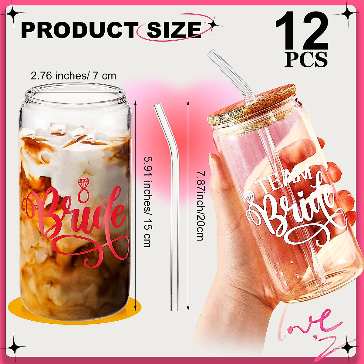 12 Sets Bride Bridesmaid Wine Glasses Team Bride Can Shaped Glass Cups Bridesmaid Gifts for Wedding Day Durable Stemless Bridesmaid Tumblers for Bridal Shower Proposal Bachelorette Party (16 oz)