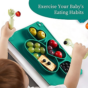 SFCCMM Toddler Baby Plates Silicone Divided Cartoon - Portable Non Slip Suction Toddler Plates for Children Baby and Kids Baby Dinnerware Eating Food Plates (Dinosaur Green)