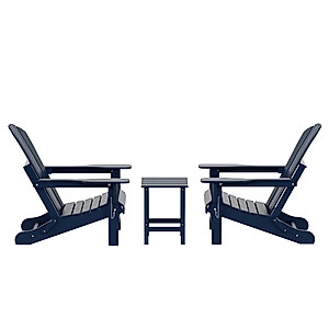 WO Home Furniture Adirondack Chairs Table Set of 3 PCS Outdoor Folding Chairs Side End Table Weather/UV Resistant for Lawn, Garden, Bon Fire, Balcony (Navy Blue)