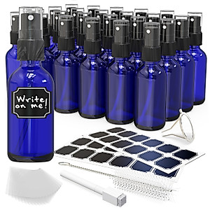 Nevlers 24PK Blue Glass Spray Bottles 2 Oz Set | Glass Spray Bottles w/Shrink Wrap, Labels & More | Small Spray Bottle For Use as Perfume Spray Bottle, Spray Bottle for Oil & Alcohol Spray Bottle