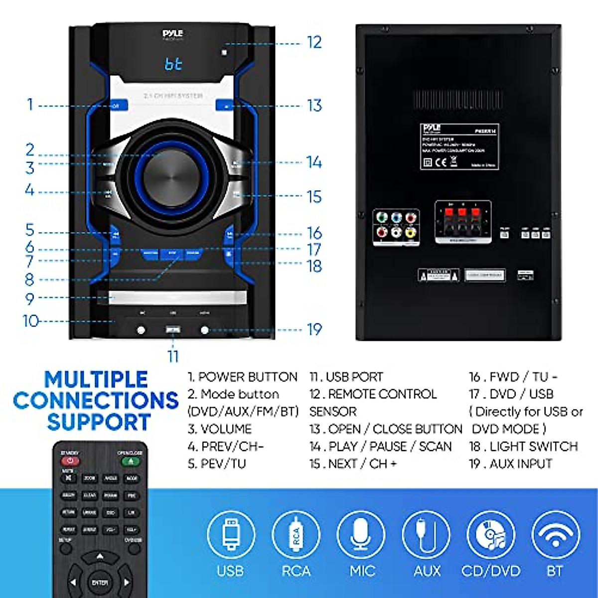 3-Piece Wireless Bluetooth Stereo System - 1000 Watt DVD Shelf System for Home with DVD Player, MP3, USB, FM Radio, Bass Reflex Speaker, and Remote Control, Compact & Portable - PHSKR14
