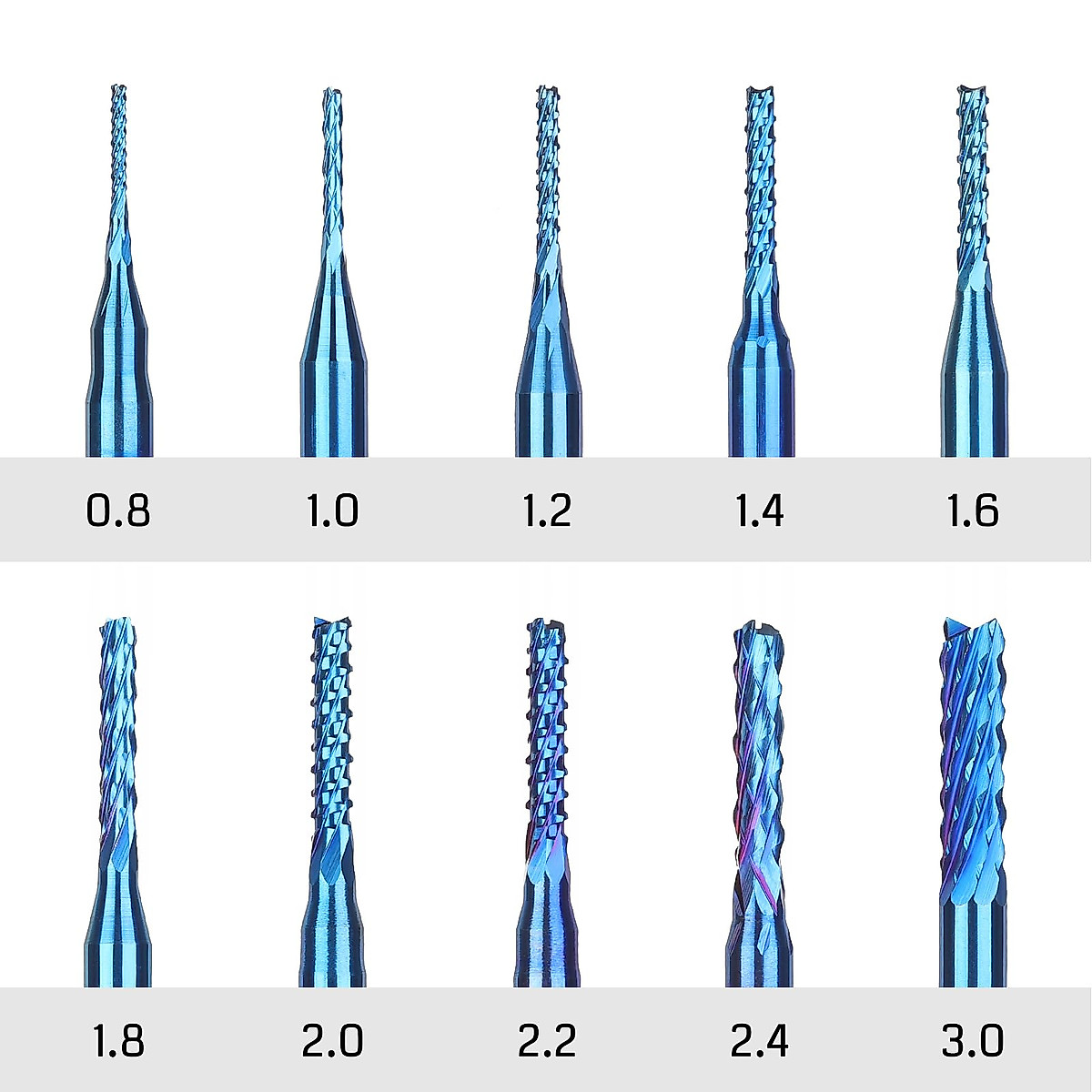 SainSmart Genmitsu 10Pcs Nano Blue Coat End Mill CNC Router Bits, 0.8-3mm, 1/8" Shank