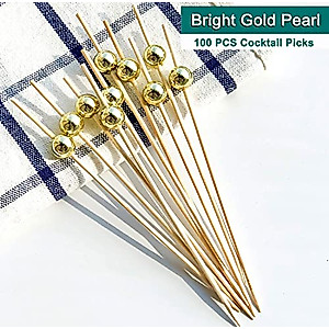 Cocktail Picks,Toothpicks for Appetizers,100 PCS 4.7 Inch Gold Pearl Cocktail Picks for Wedding Party, Decorative Food Picks Fancy Toothpicks for Appetizers, Skewers for Appetizers Charcuterie Cups