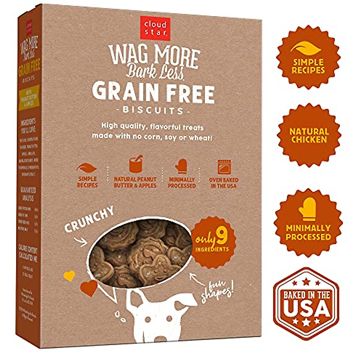 Cloud Star Corp, Wag More Bark Less Grain Free Oven Baked Peanut Butter & Apples Dog Biscuits