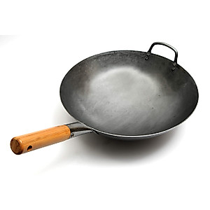Chef's Medal Traditional Hand Hammered Carbon Steel Pow Wok with Bamboo and Steel Helper Handle - 14 Inch, Round Bottom