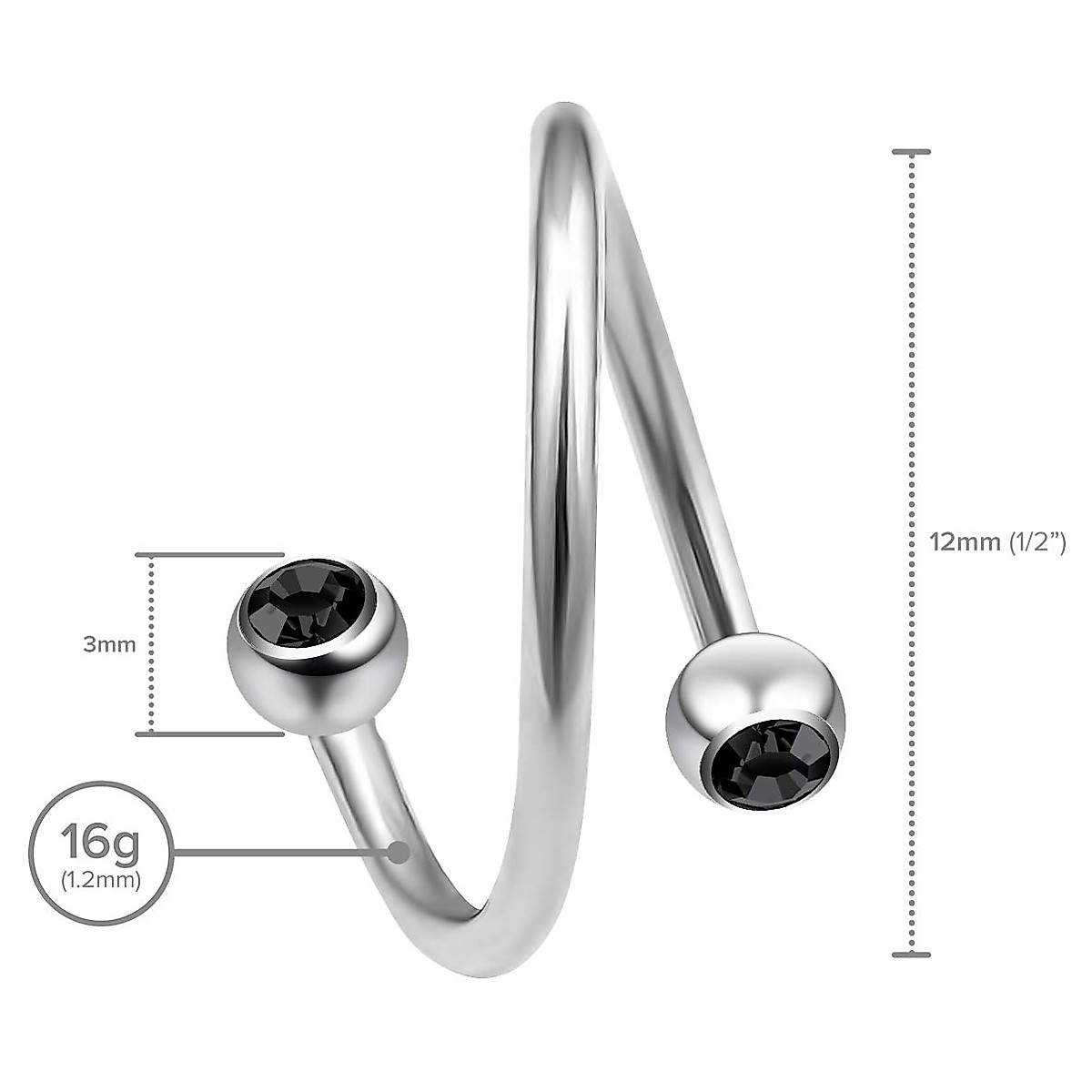 2pc 12mm 1/2 Twisted Barbell Spiral Nose Ring Twist Pierced Earrings Ear Piercing Cartilage Jewelry Industrial Earring Rings Lip Screw Surgical Helix Tragus Daith Navel Belly Black Cystal