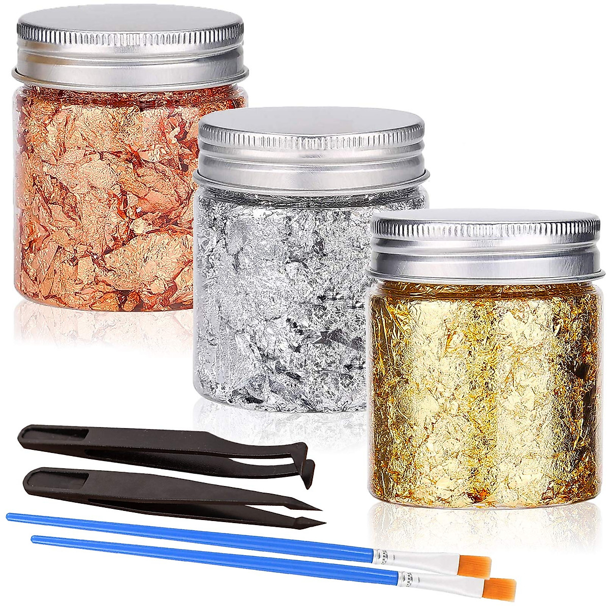 Gold Foil Flakes with Tweezers and Brush, 3 Bottles Imitation Gold Foil Flakes Metallic Leaf for Nail Art, Painting, Crafts and Resin Jewelry Making（Gold, Silver and Copper colors-3g））